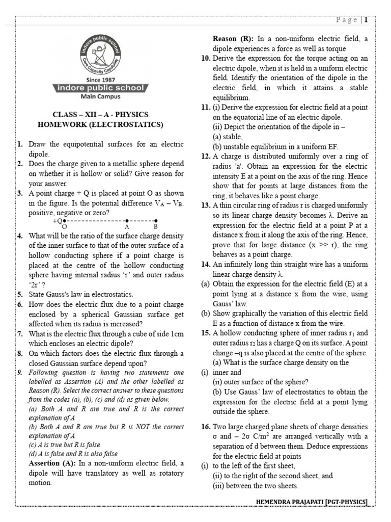 HOLIDAY HOMEWORK CLASS-XII 2025-26 (2) | PDF | Electric Field | Sphere