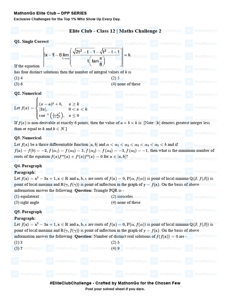 Elite Club - Class 12 - Maths Challenge 2 Question | PDF