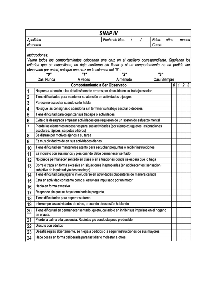 Snap IV PDF | PDF | Desorden hiperactivo y deficit de atencion | Enfermedades y trastornos humanos