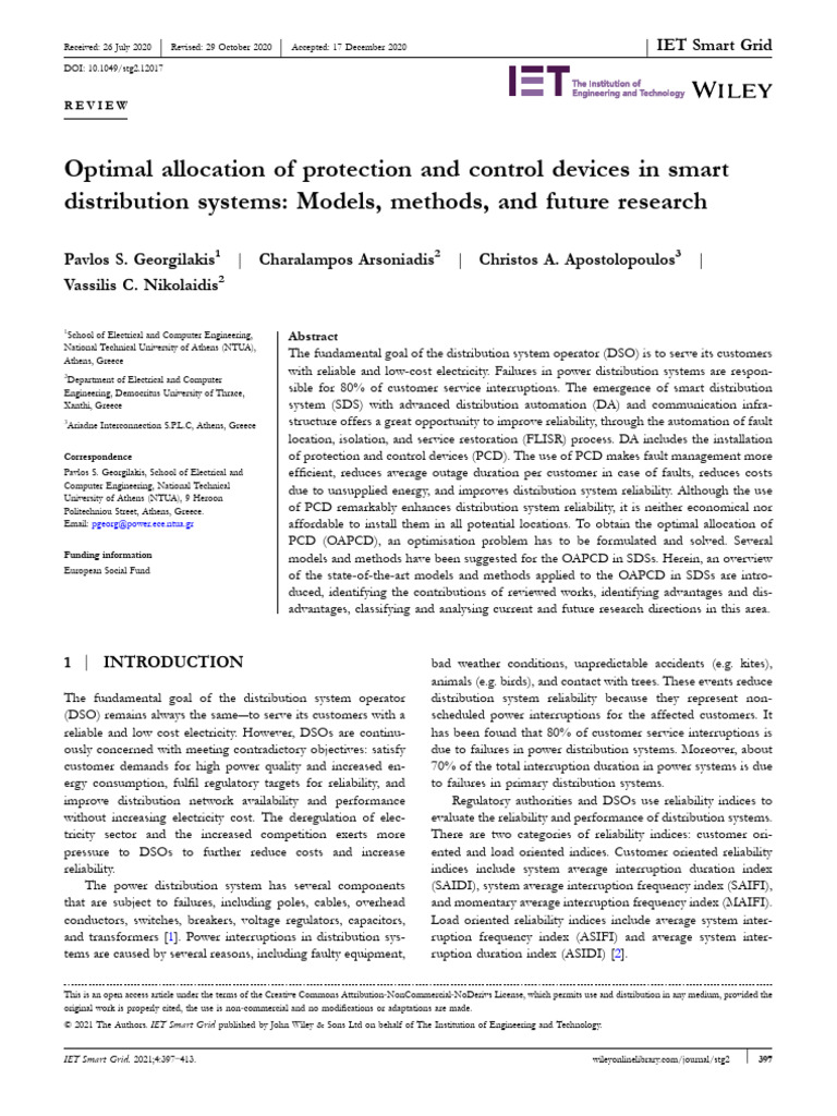 IET Smart Grid - 2021 - Georgilakis - Optimal Allocation of Protection and Control Devices in ...