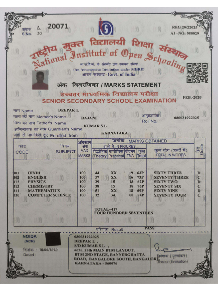 12th Marks Card For The Nios Board and 12 | PDF