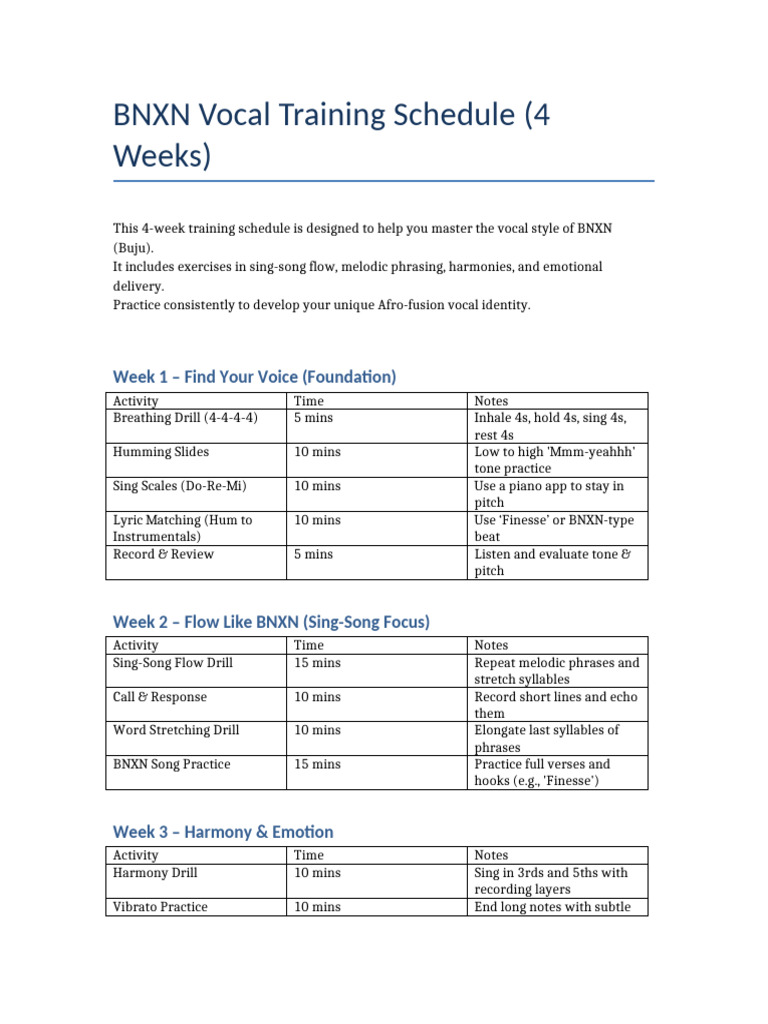 BNXN Vocal Training Schedule | PDF | Singing | Musical Compositions