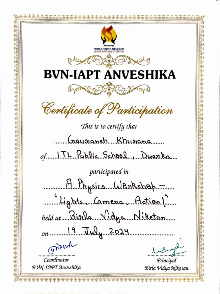 Certificate of Participation - BVN IAPT Anveshika | PDF