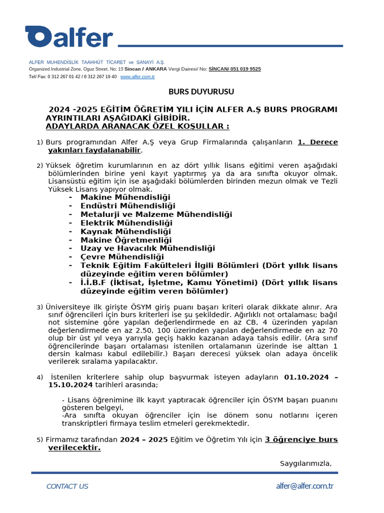 Alfer A.Ş Burs Duyurusu 2024 | PDF