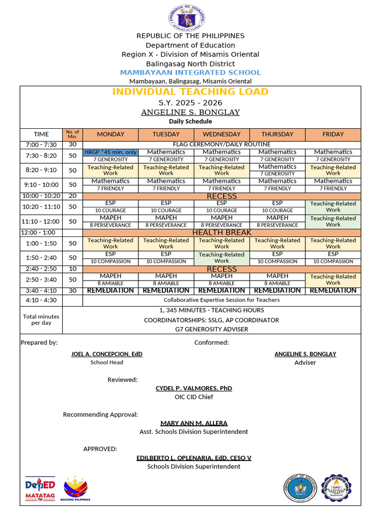 JHS Teacher Schedule SY 2025 2026 EDITED | PDF | Government | Public ...