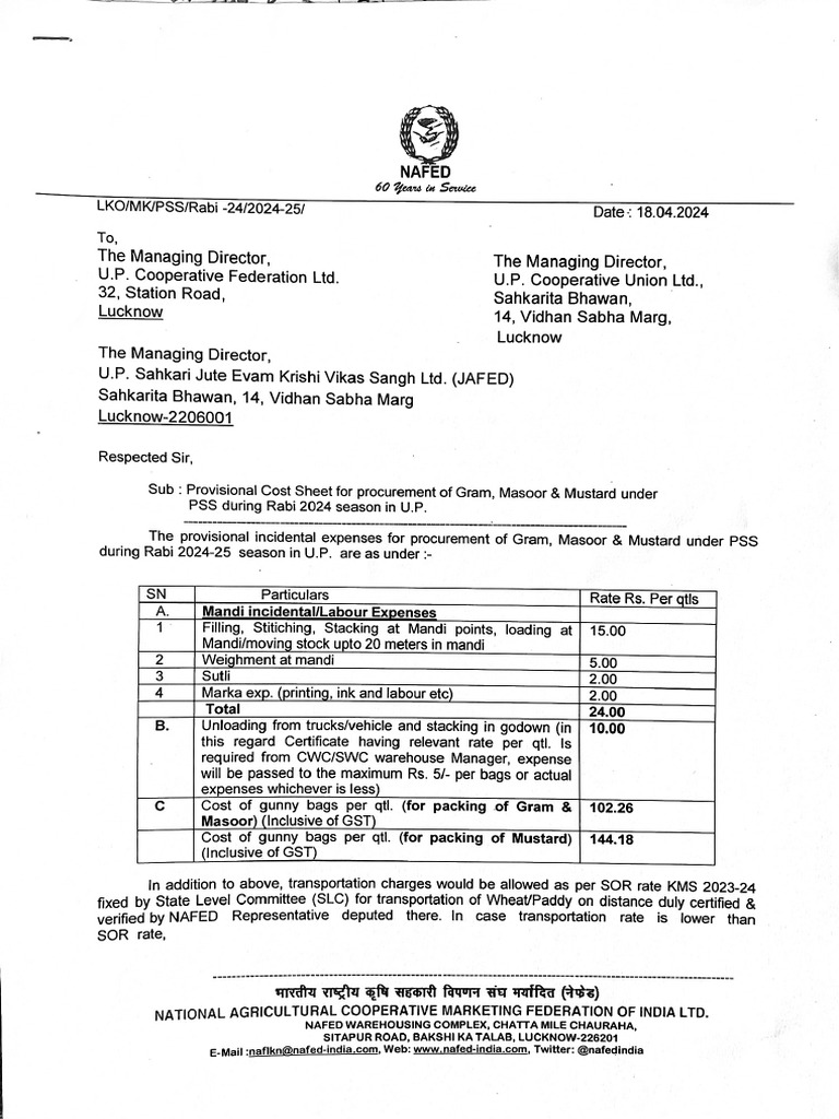 Provisional Cost Sheet Rabi 2024 | PDF