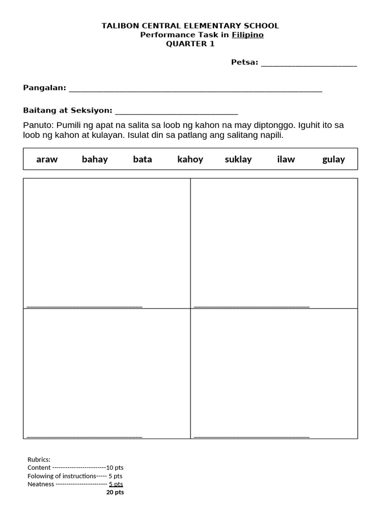 Filipino - Performance Task - Salitang May Diptonggo | PDF