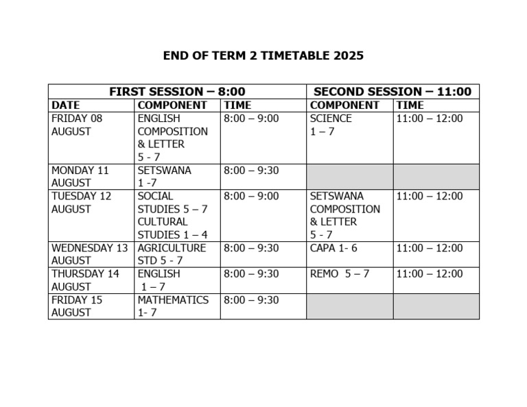 End of Term 2 Timetable 2025 | PDF