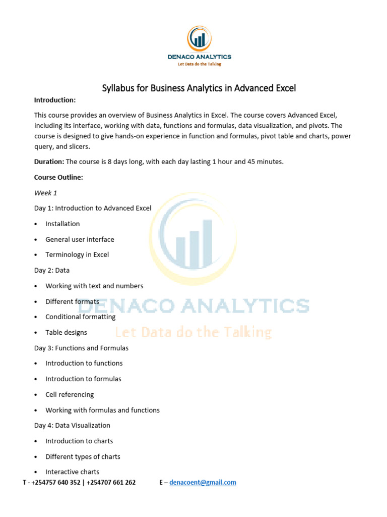 Advanced Excel for Business Analytics Syllabus | PDF