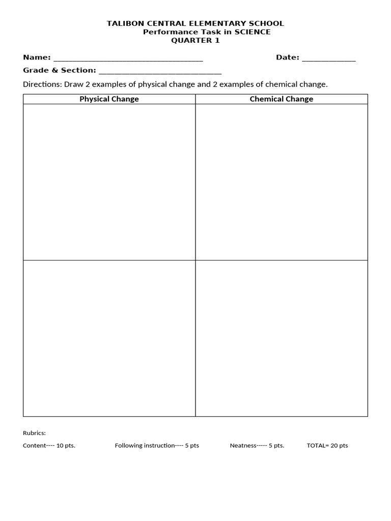 Science - Performance Task - Physical and Chemical Change | PDF