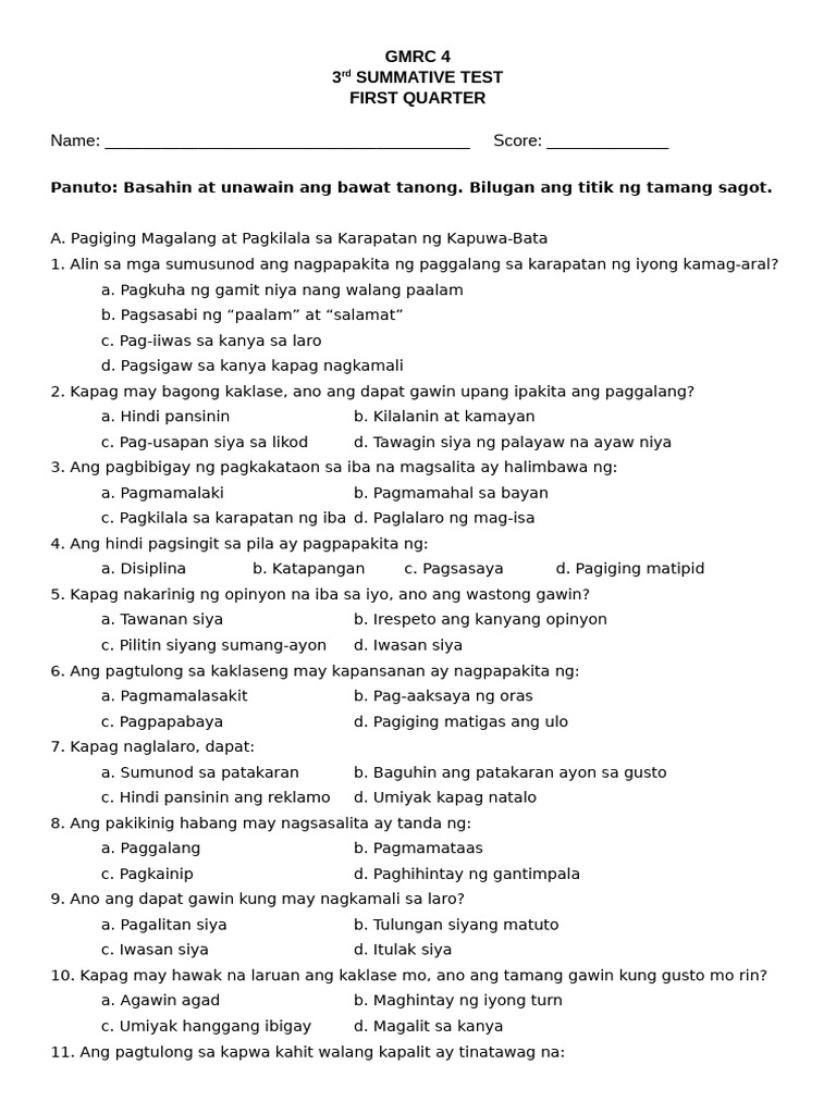 Q1 G4 Exam GMRC | PDF