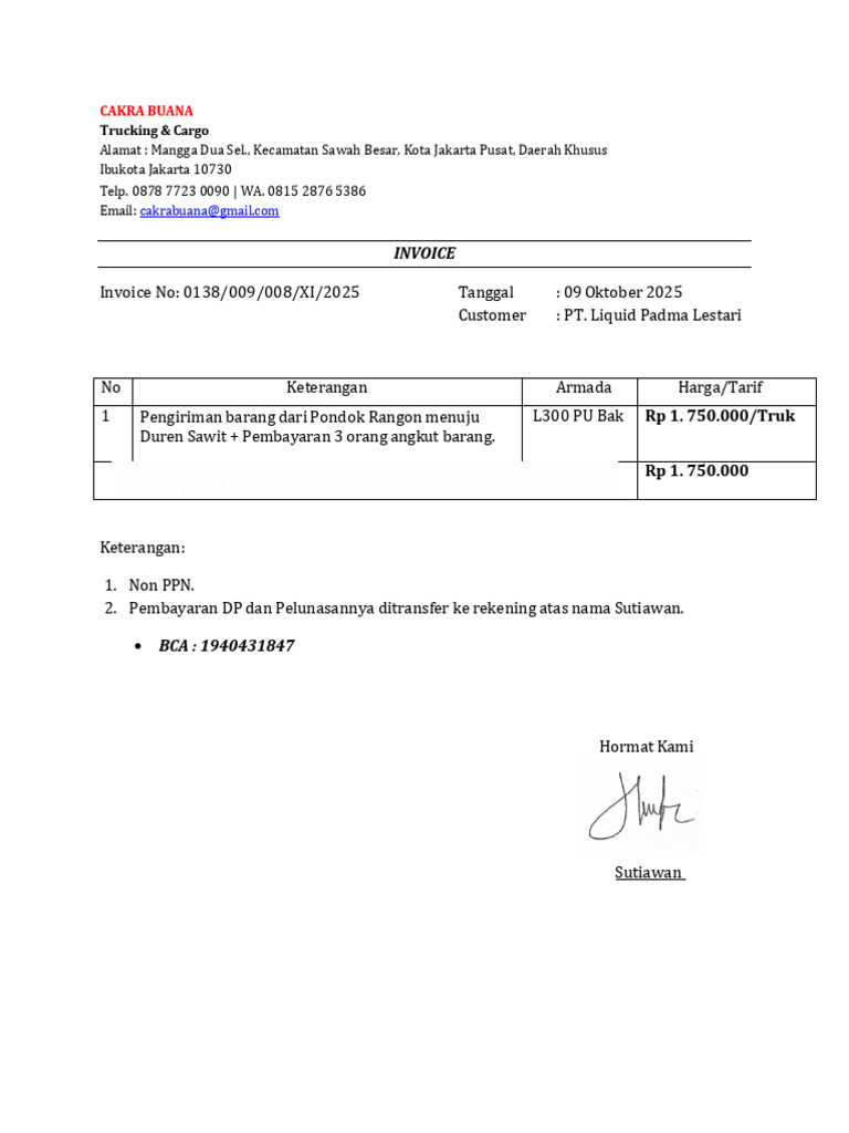 Contoh Invoice Jasa Angkutan Barang | PDF