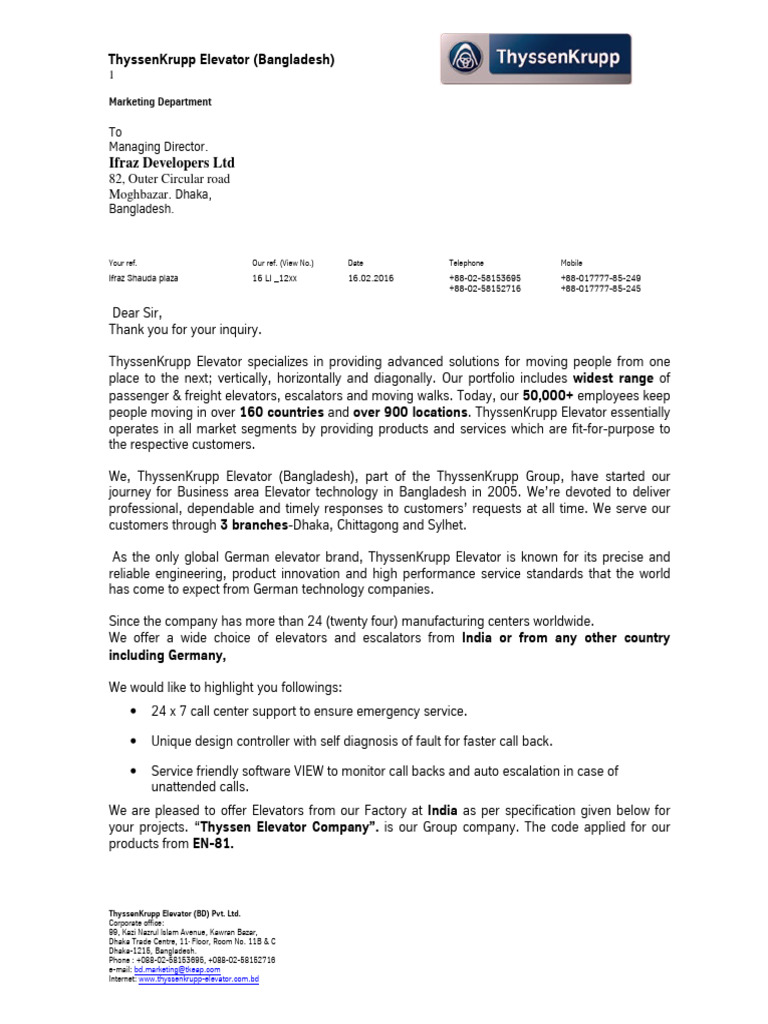 Thyssenkrup Elevator - Offer-Ifraz Plaza | PDF | Elevator | Door