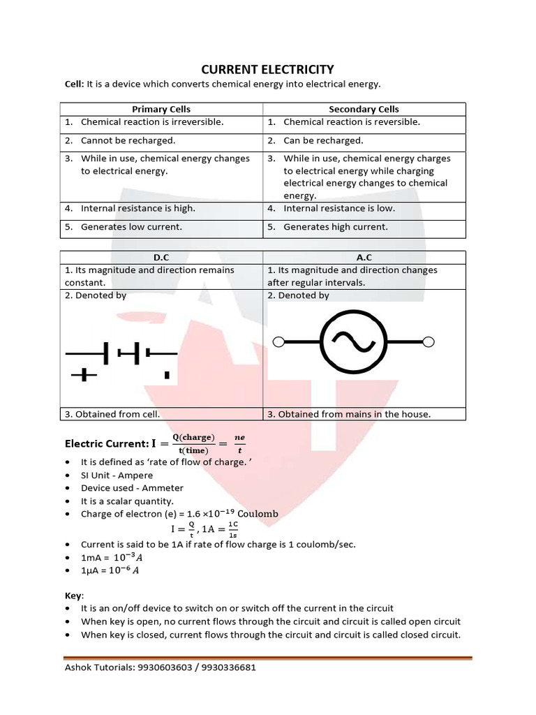 Class 9 Current Electricity Notes | PDF | Electric Current | Electrical ...