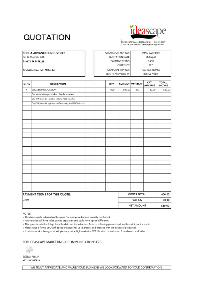 Quotation for Sticker Production | PDF | Financial Markets | Money