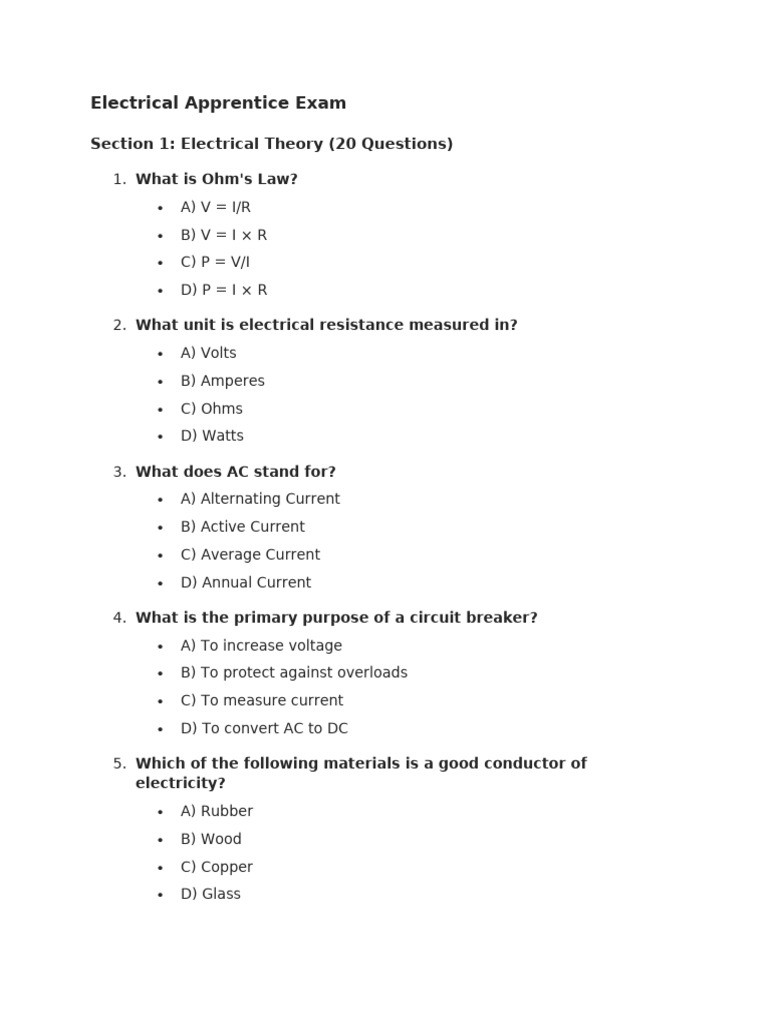 Electrical Apprentice Exam Questions | PDF | Electrical Network | Voltage