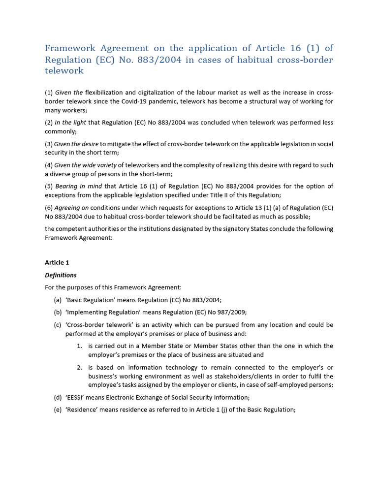 Framework Agreement On Cross Border Telework Pdf Employment