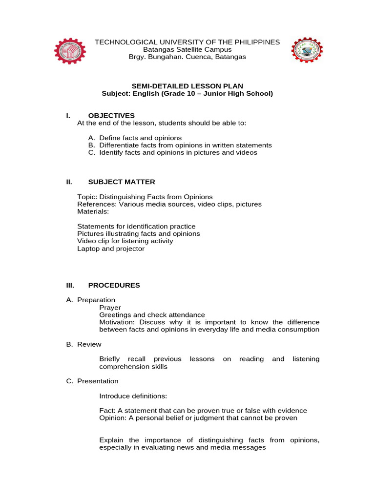 Semi Detailed Lesson Plan English | PDF | Opinion | News
