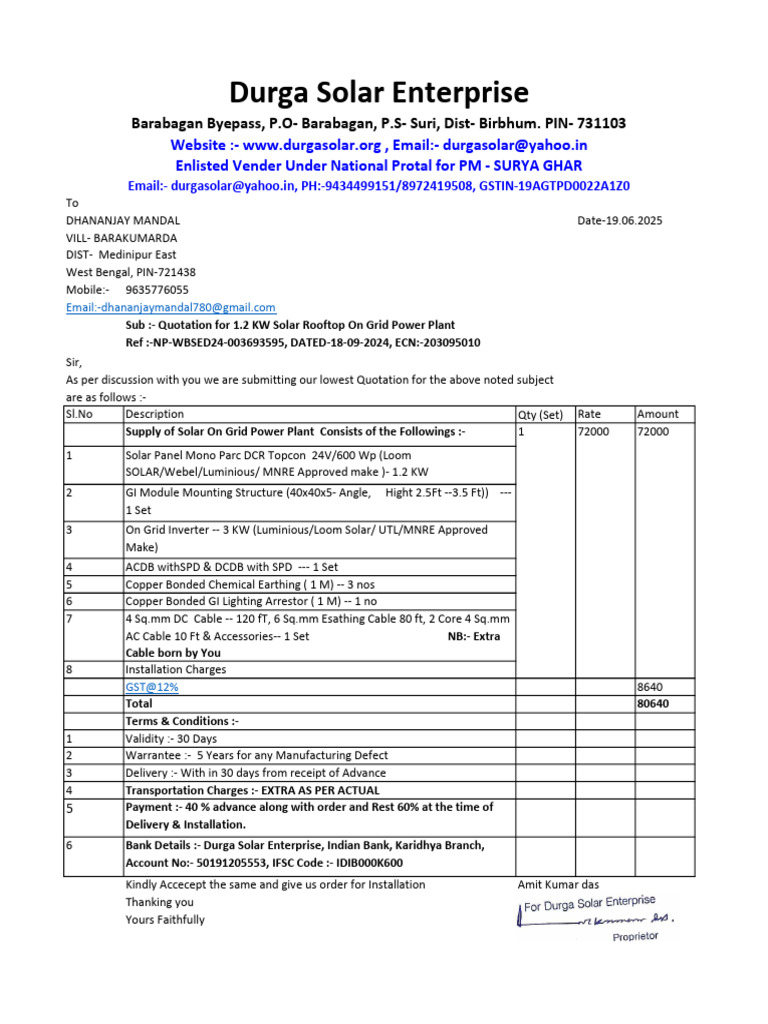 Revised Quotation Dhananjay Mandal 1.2kw | PDF | Electricity | Electric Power