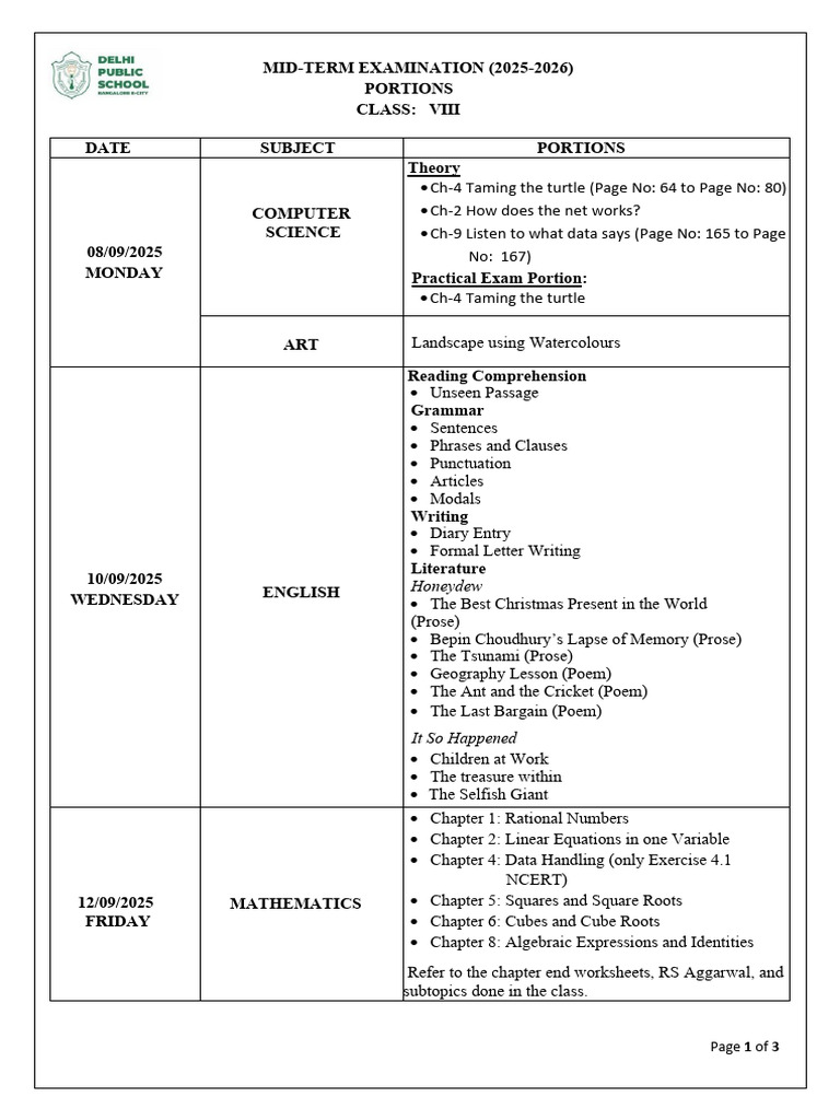Grade 8 Mid Term Portions 2025-26 Updated | PDF
