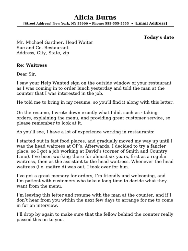 Waitress Cover Letter Sample | PDF