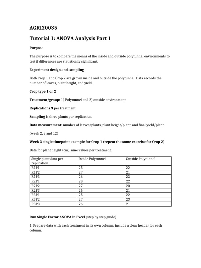 Tutorial 1 ANOVA for polytunnel crop | PDF