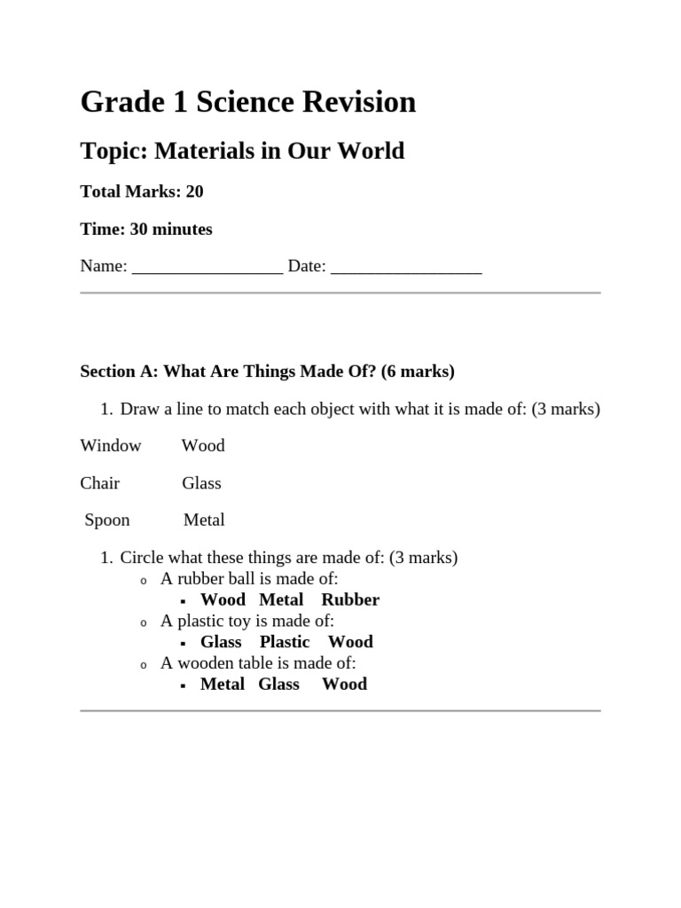 Grade 1 Science Revision Materials and Their Properties | PDF
