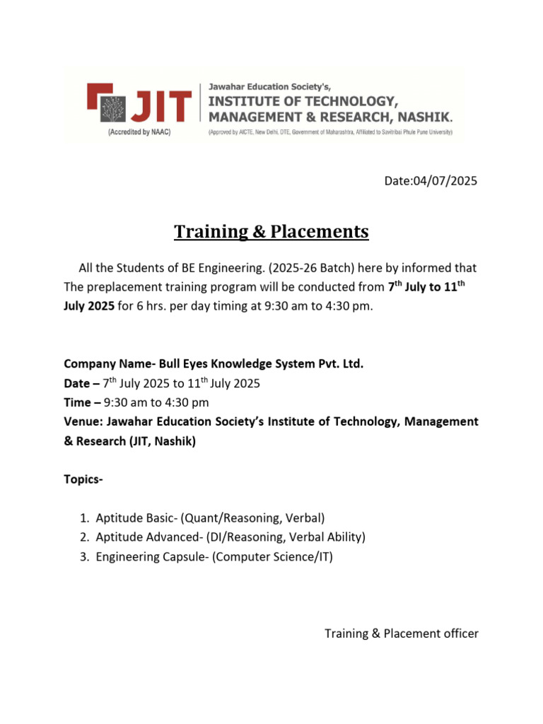 Pre Placement Training Program | PDF