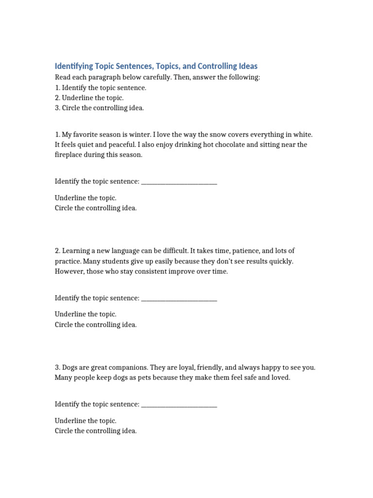 Topic Sentence Exercise | PDF