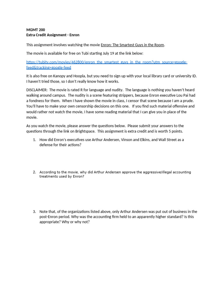 XC Assignment Enron Movie | PDF