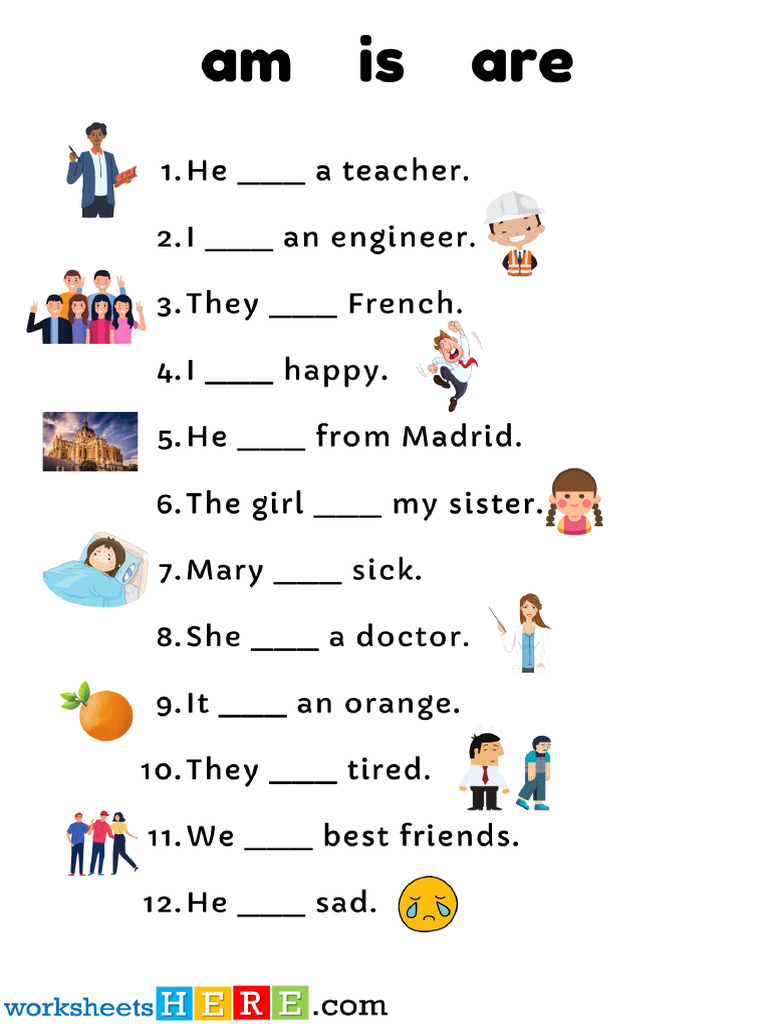 Verb To Be Am Is Are Exercises and Answers With Pictures PDF Worksheet ...
