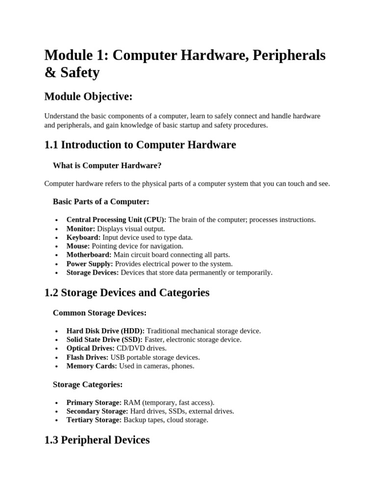Module 1 Computer Hardware, Peripherals & Safety | PDF | Computer Data ...