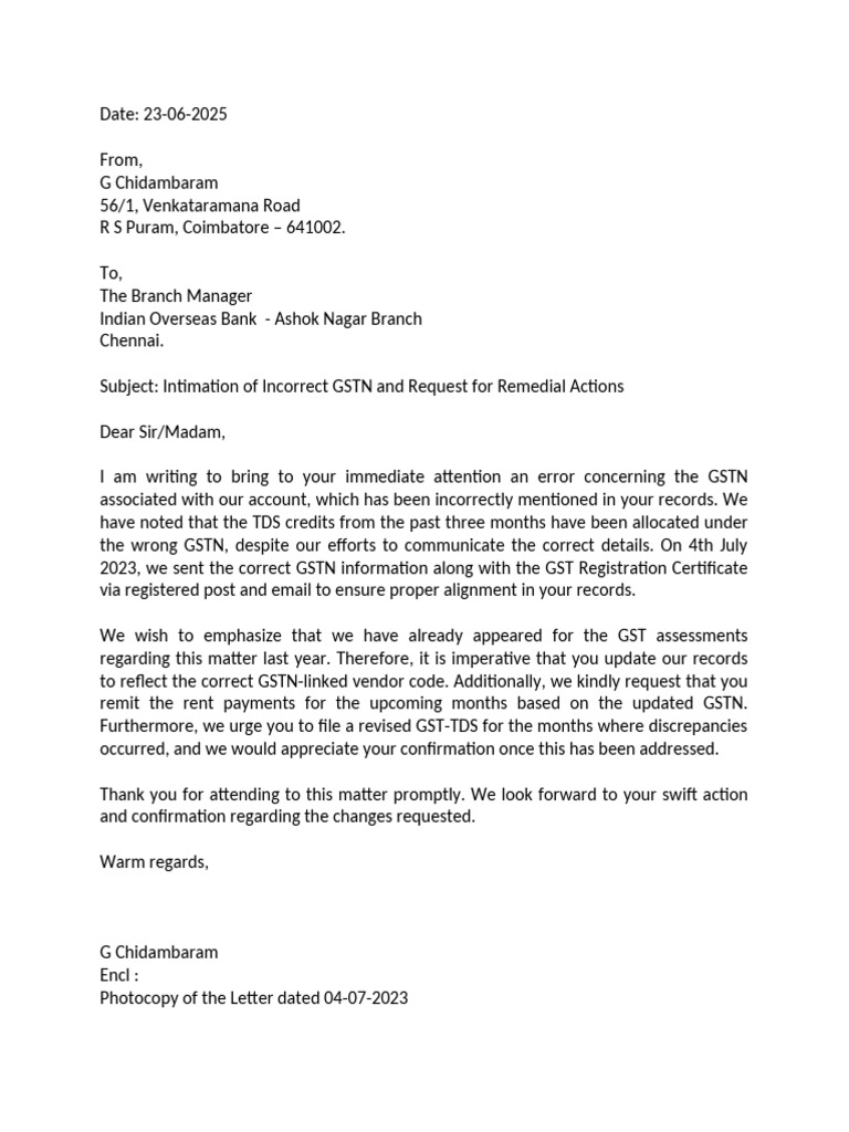 GSTN Correction Request to IOB | PDF