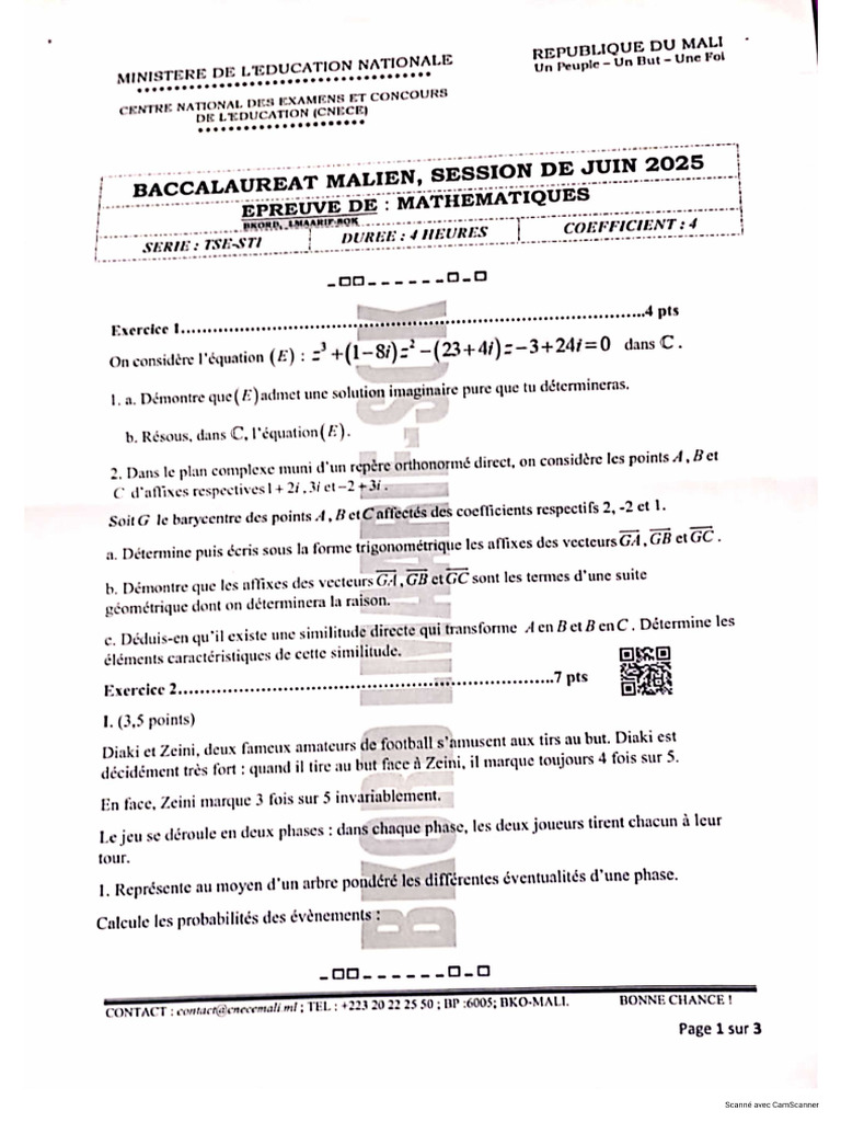 Mathématiques Bac 2025 - Mali - Séries TSE & STI | PDF