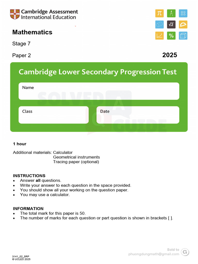 Stage 7 Mathematics Paper 2 2025 | PDF | Area | Mathematical Concepts