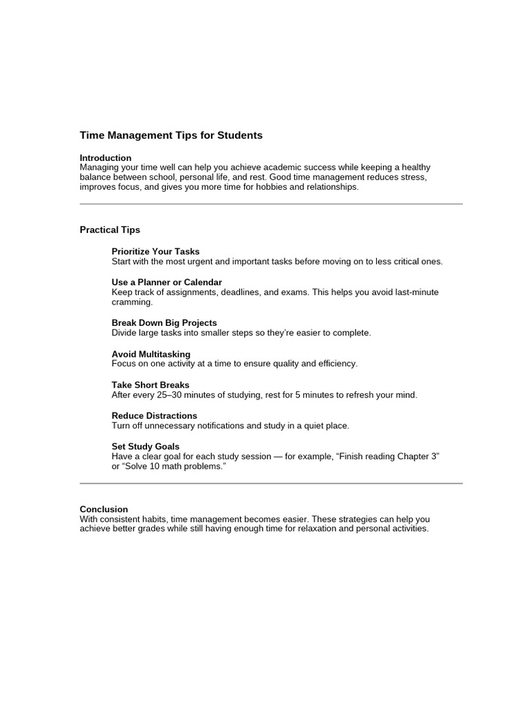 Time Management Tips For Students Pdf