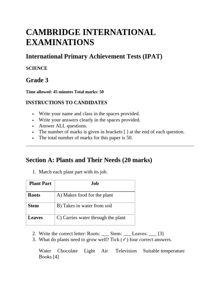 Grade 3 Science Exam Paper Term 2 | PDF | Water | Plants