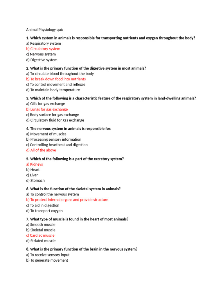 Animal Physiology Quiz Questions | PDF