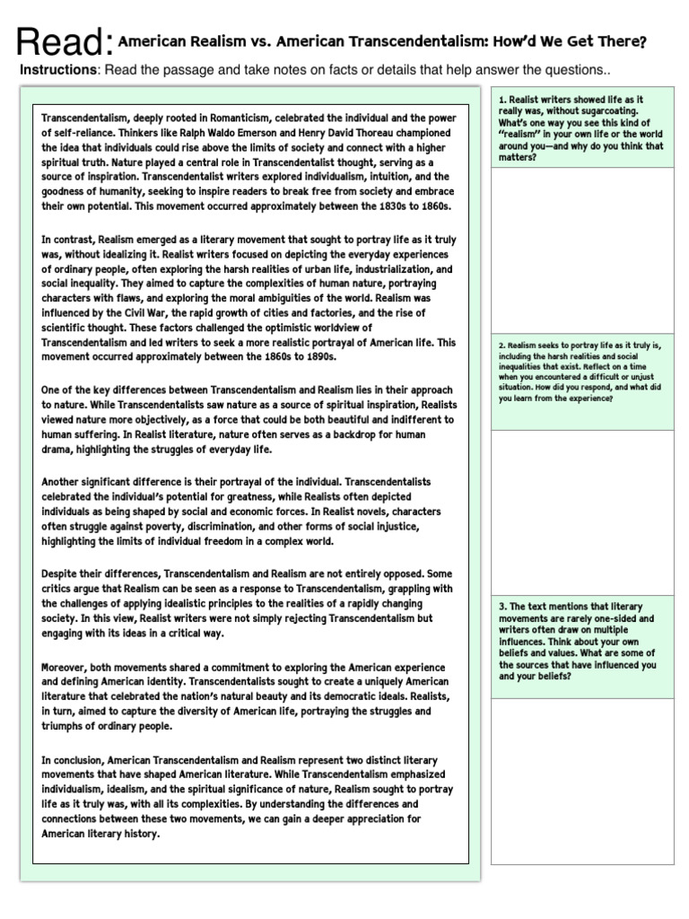 American Literature - Literary Movement Pre-Reading Exercises (Difft ...