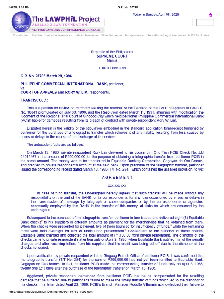 Phil. Comm. Intl Bank vs. CA and Lim GR No. 97785 | PDF | Damages | Justice