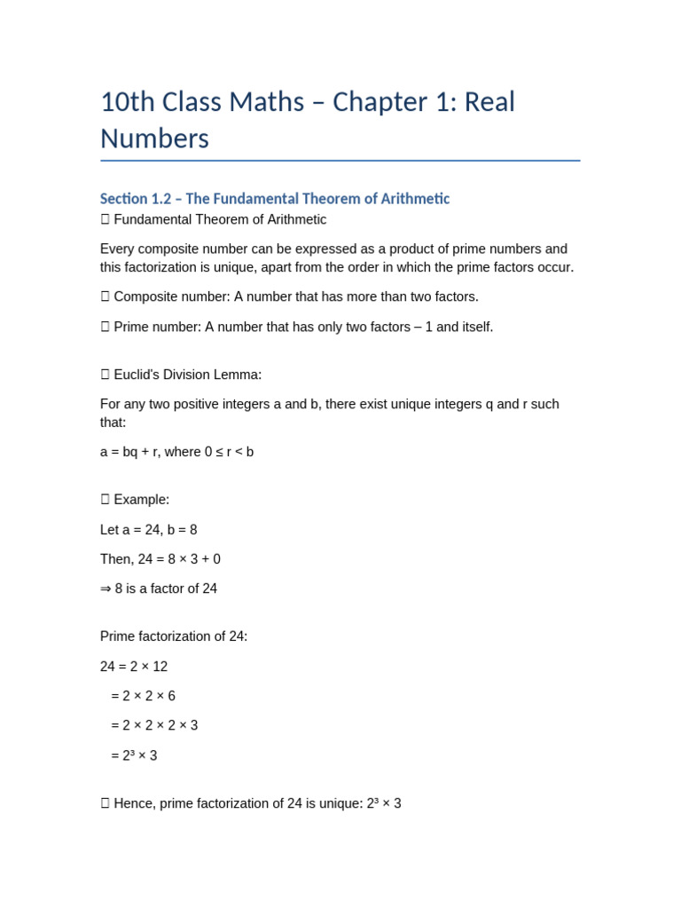 10th Class Maths Section 1 2 Fundamental Theorem | PDF