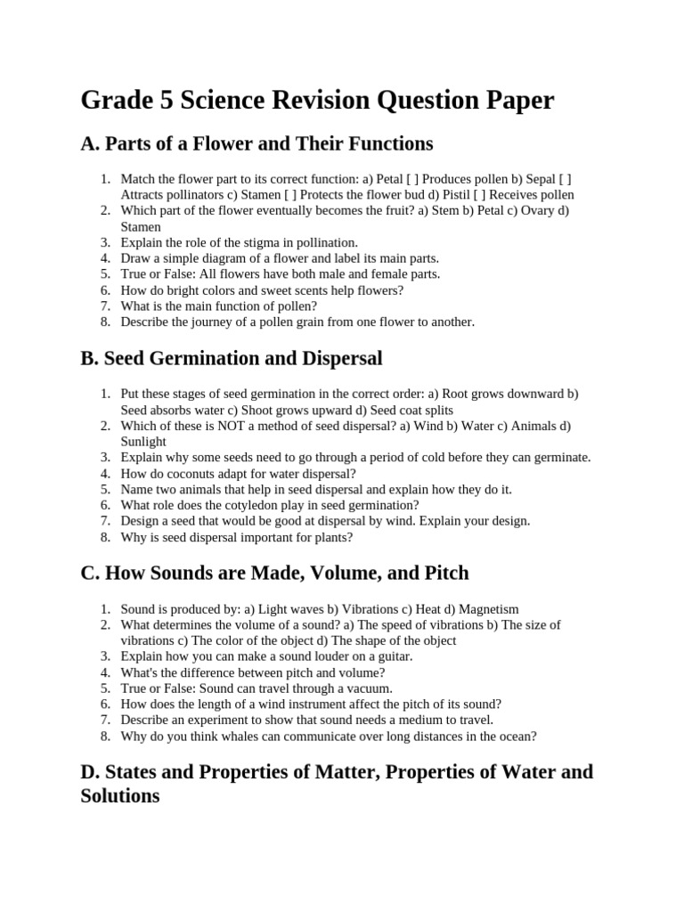 Grade 5 Science Revision Mixed Question Paper | PDF | Flowers | Seed