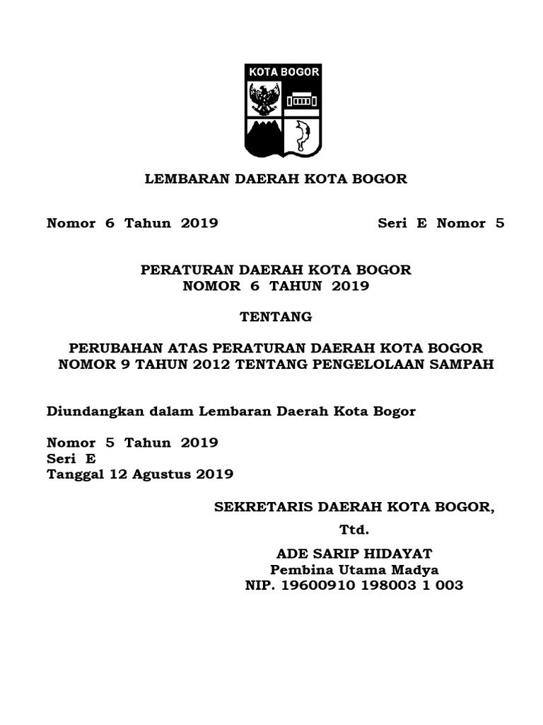 (Kota Bogor) PerDa 2019 No 6 Pengelolaan Sampah | PDF