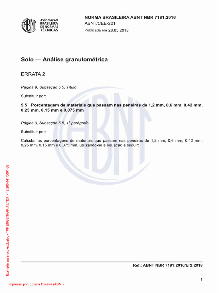 ABNT NBR 7181 (Errata 2) - Solo - Análise Granulométrica | PDF