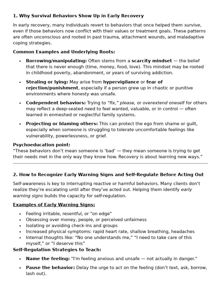 Early Recovery Survival Behaviors Explained | PDF | Psychology | Emotions