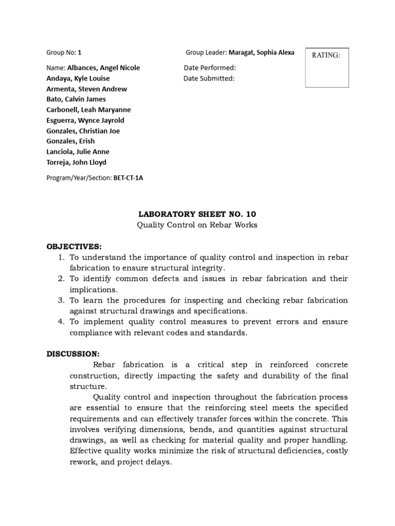 Lab Sheet #10 - Quality Control On Rebar Works | PDF | Structural ...