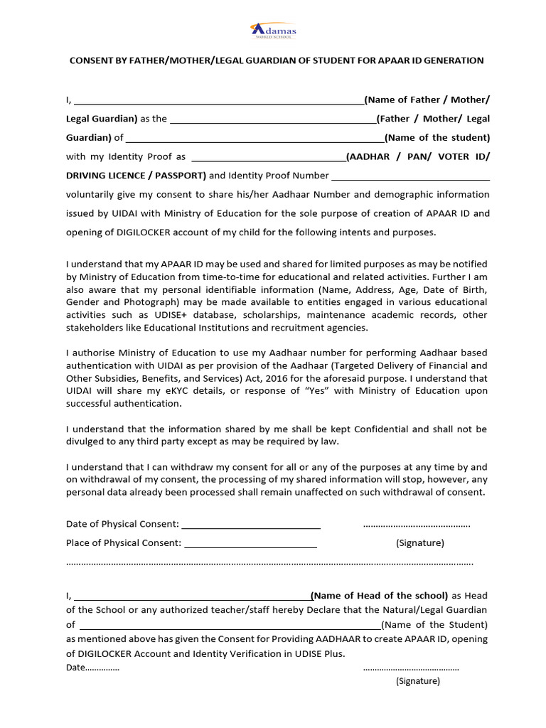 Consent by Parent of Student For Apaar Id Generation | PDF | Access Control | Privacy