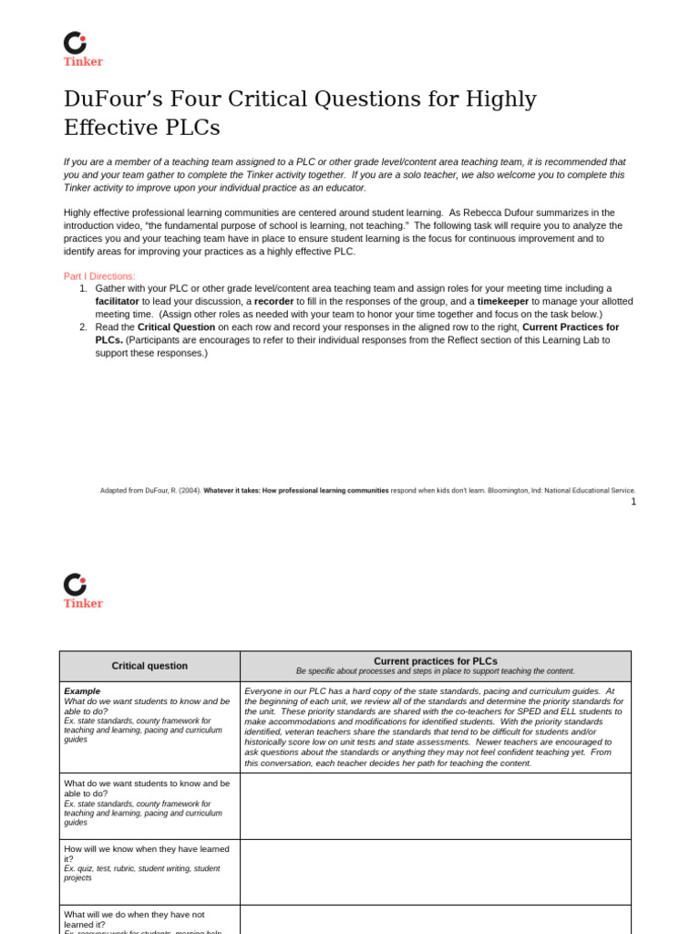 DuFour's 4 Questions for Effective PLCs | PDF | Procedural Knowledge ...