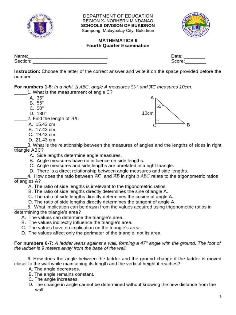 Mathematics 9_Q4 Assessment | PDF | Trigonometric Functions | Euclidean ...