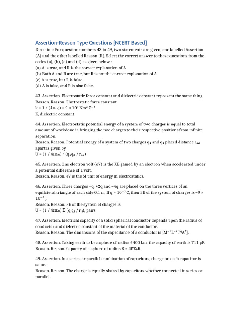 Assertion Reason Questions | PDF
